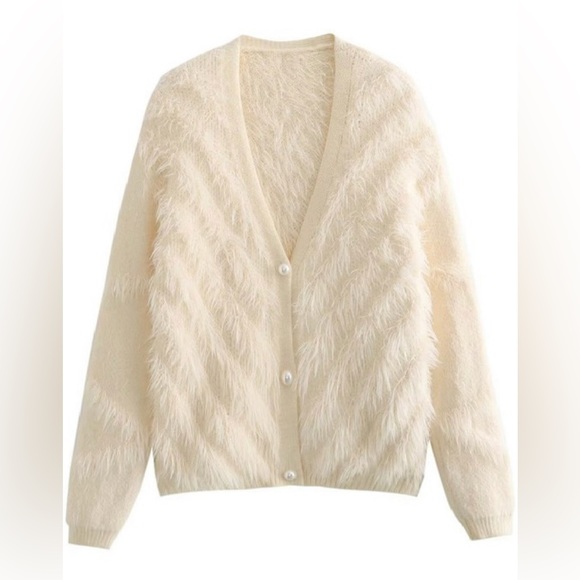 Jackets & Coats | Lady Fuzzy White Cardigan With Pearled Buttons | Poshmark